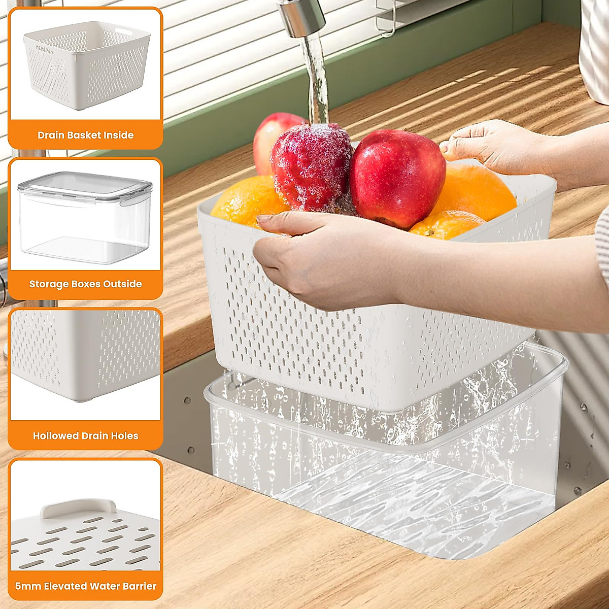 Yunaeduo Fruit Storage Containers for Fridge - 5PCS Food Storage Containers with Lids - Produce Containers for Fridge with Removable Colander - Keep Berry Fruit Vegetable Food Meat Fresh Longer