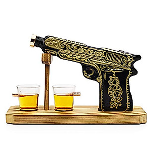 Hand Painted Pistol Whiskey & Wine Decanter by The Wine Savant - Pistol Whiskey Gun Decanter & 2 Bullet Shot Glasses - Military Gifts, Veteran Gifts, Law Enforcement Gifts, Home Bar Gifts, Drinking