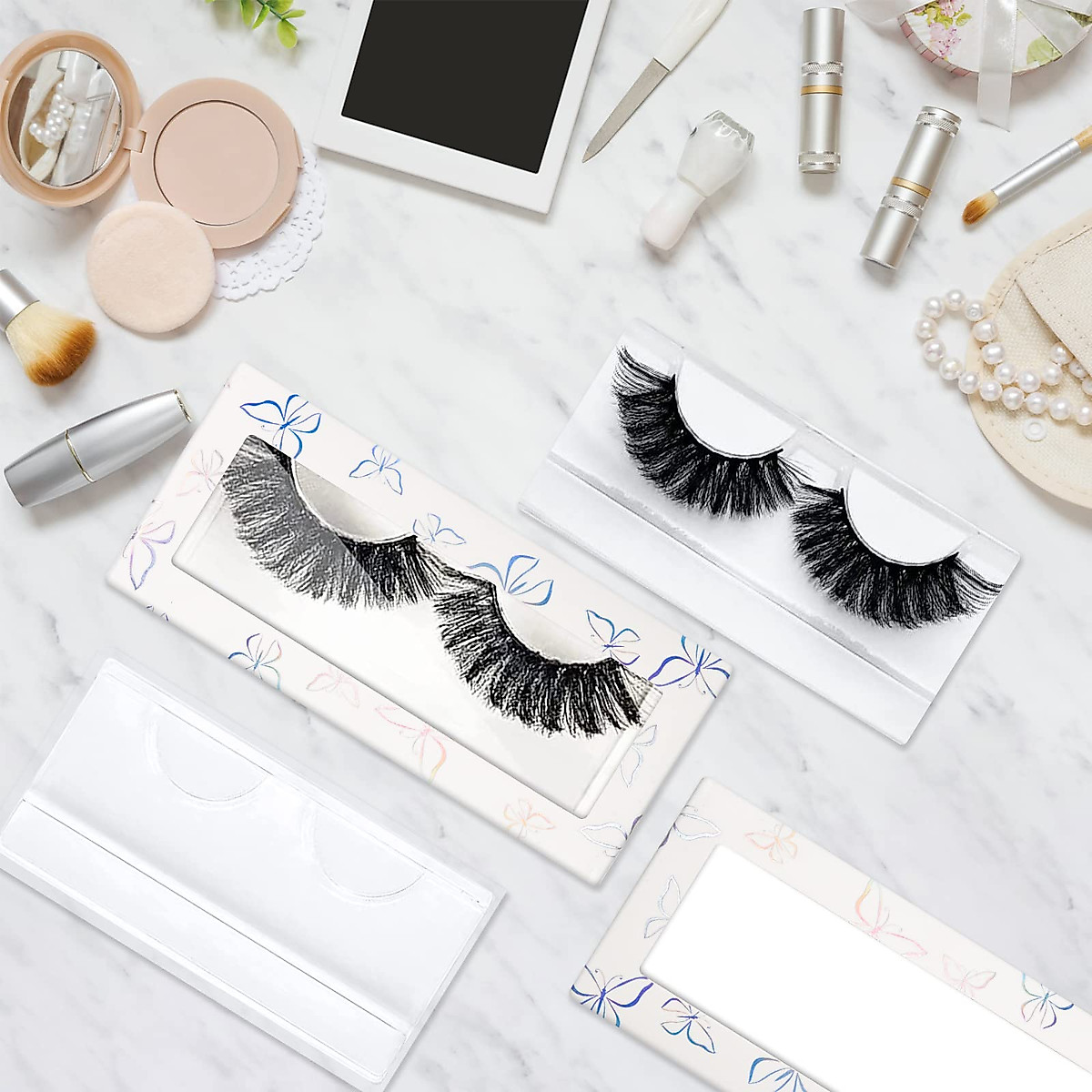 60 Pieces False Eyelashes Box Empty Lash Packaging Storage Containers 30 Soft Paper Lash Boxes with 30 Tray Colored butterfly Prints Lash Case Holder (White laser butterfly)