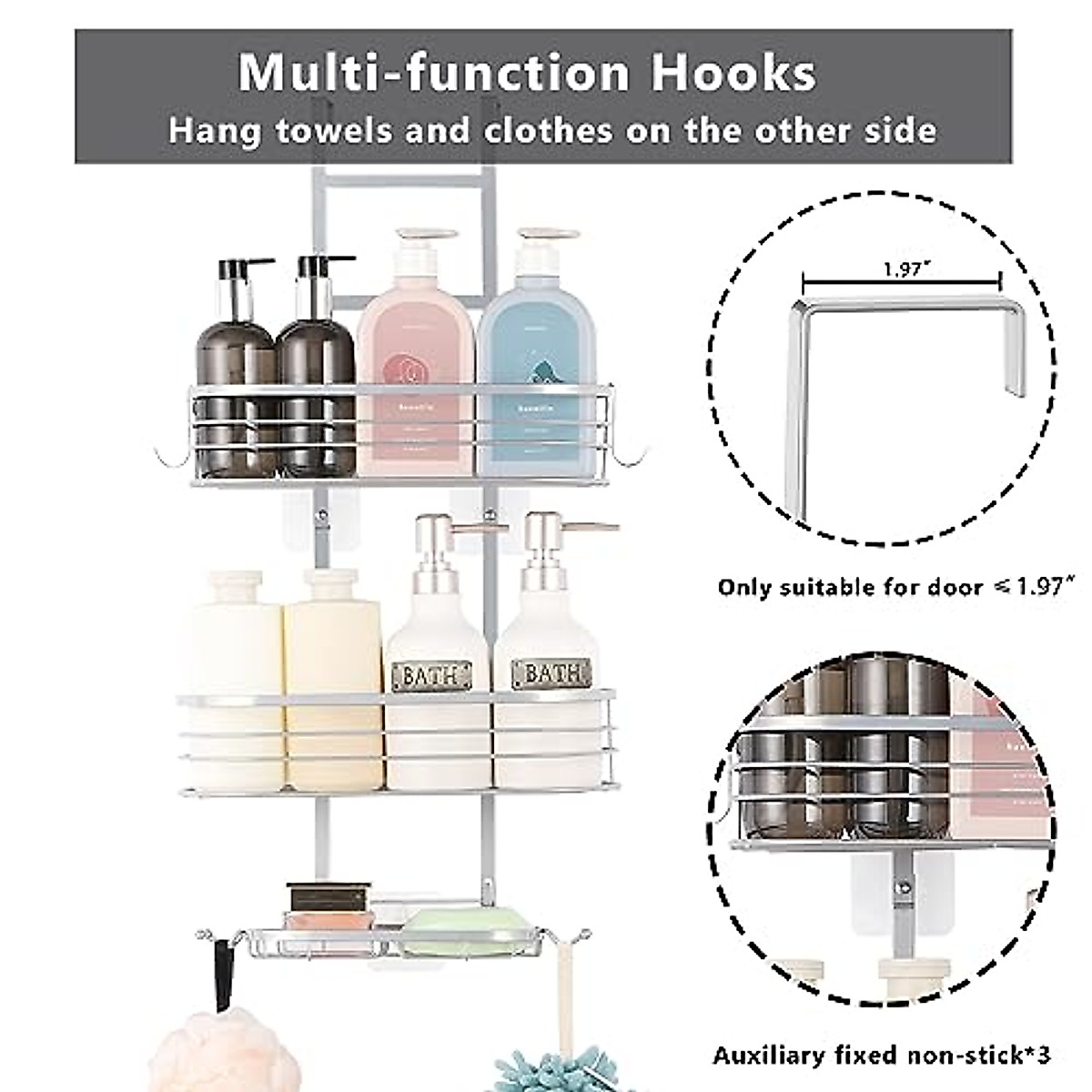 HEOMU Bathroom Over the Door Shower Caddy, Shower Organizer Shelves with 4 Hooks, Rustproof & Waterproof Shower Storage Rack for Shampoo, Conditioner, Soap, Bath Sponge, Silver