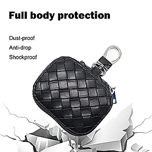 Jeriwell Leather Earphone Case Pouch with Keychain Clip for Wireless Headphone Plaid Weave Pattern Design Earbuds Carrying Cases for AirPods Pro 1/2/3 Generation (Black-Square)