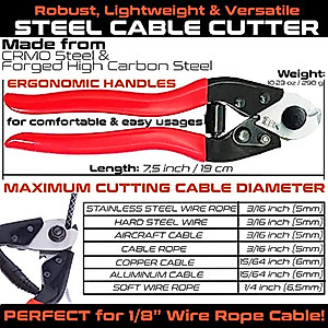Heavy-Duty Wire Cutter (7,5-inch) for DIY Projects, Railing, Decking, Wire Seals & Bicycle Cable. Sharp & Precise One-Hand Operation 7,5"Steel Cable Cutter, Bike Cable Cutter & Wire Rope Cutter
