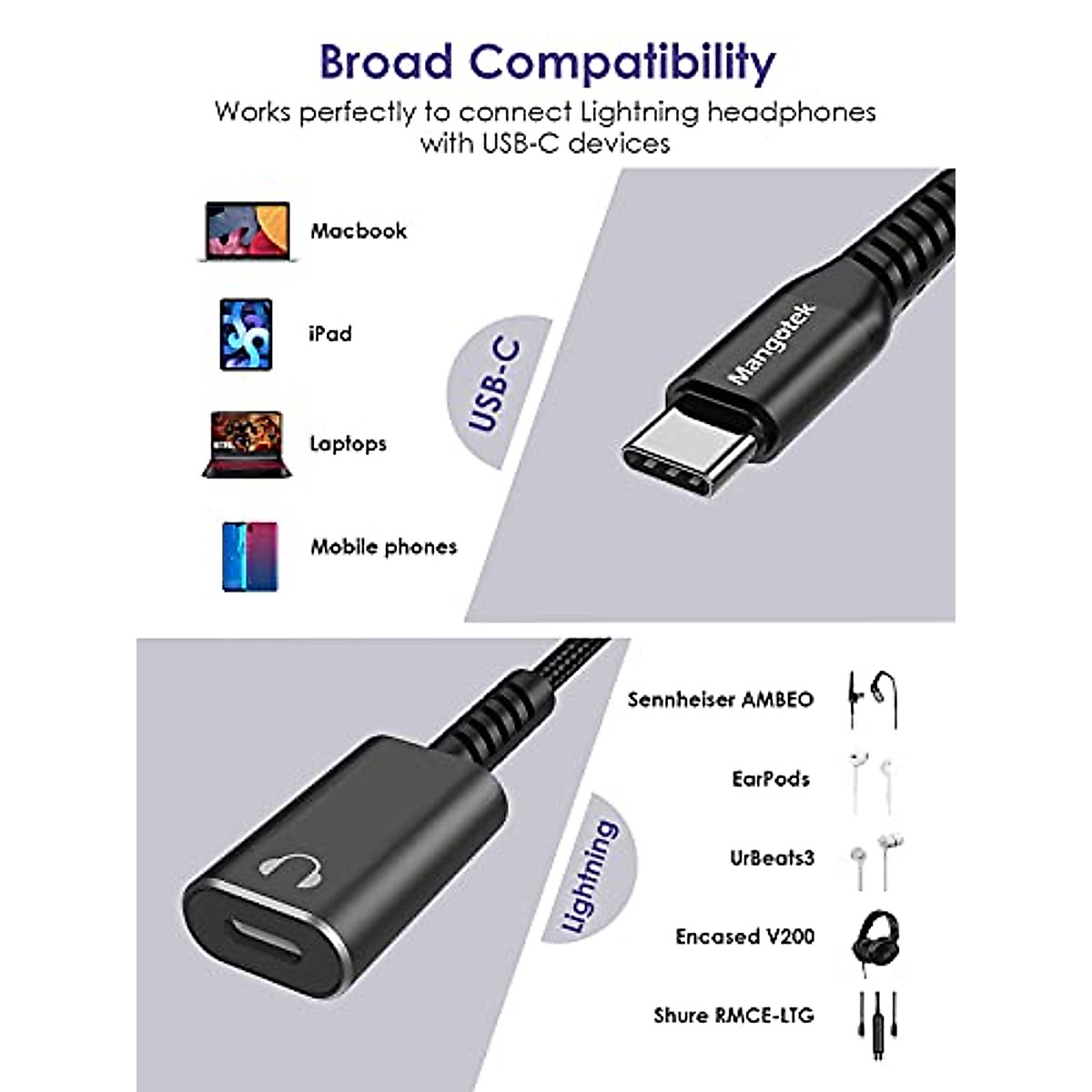 Mangotek USB C to Lightning Adapter, Apple MFi Certified Lightning Female to USB C Male Adapter Headphone Audio Connector for iPad/MacBook/USB C Phones, Not Support Charging nor Data Transfer