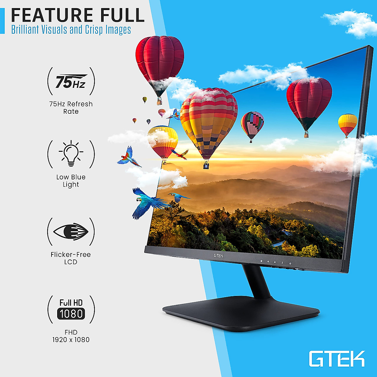 GTEK 24 Inch Frameless Computer Monitor, FHD 1080p LED Display, LCD Screen, HDMI VGA, 75Hz Refresh Rate, VESA Mountable, Low-Blue Light PC Monitor for Office Work - F2407V