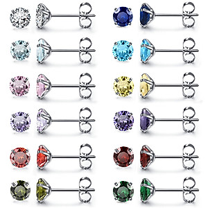 Top Plaza 12 Pairs Stud Earrings Set for Women 316L Surgical Hypoallergenic Stainless Steel Earrings Birthstone CZ Cubic Zirconia Stud Earrings for Women - 3mm