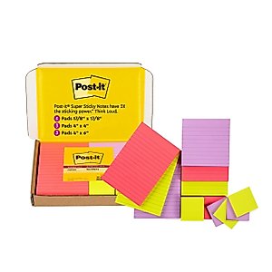Post-it Super Sticky Notes, Amazon's Exclusive Color Collection, Guava, Iris, Neon Green, 12 Pads/Pack, 90 Sheets/Pad, Assorted Sizes (4642-12SSMX)