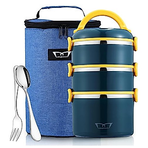Mr.Dakai Bento Box Adult Lunch Box with Bag/Utensil Set, Stackable Stainless Steel Lunch Containers for Adults - Thermal Insulated - Leak-Proof & 81oz Large Capacity - Blackish Green