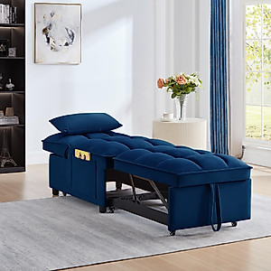 Bellemave 4 in 1 Convertible Sleeper Sofa Chair, Single Pull Out Couch with 6-Level Adjustable Backrest&Pillows,Modern Velvet Sofa Bed with Storage Pockets for Bedroom Living Room Small Space（Navy）