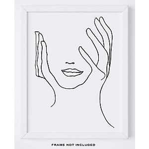 Abstract Minimalist Line Wall Decor - 11x14" UNFRAMED Print - Modern, Minimal, Black And White Drawing - Female Face And Hands Silhouette Wall Art