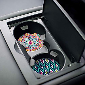 LotFancy 4 Pack Car Coasters Ceramic, Boho Absorbent Car Cup Holder Coasters, 2.56inch, Mandala Style for Women Men, with Finger Notch & Cork Base, 4 Patterns