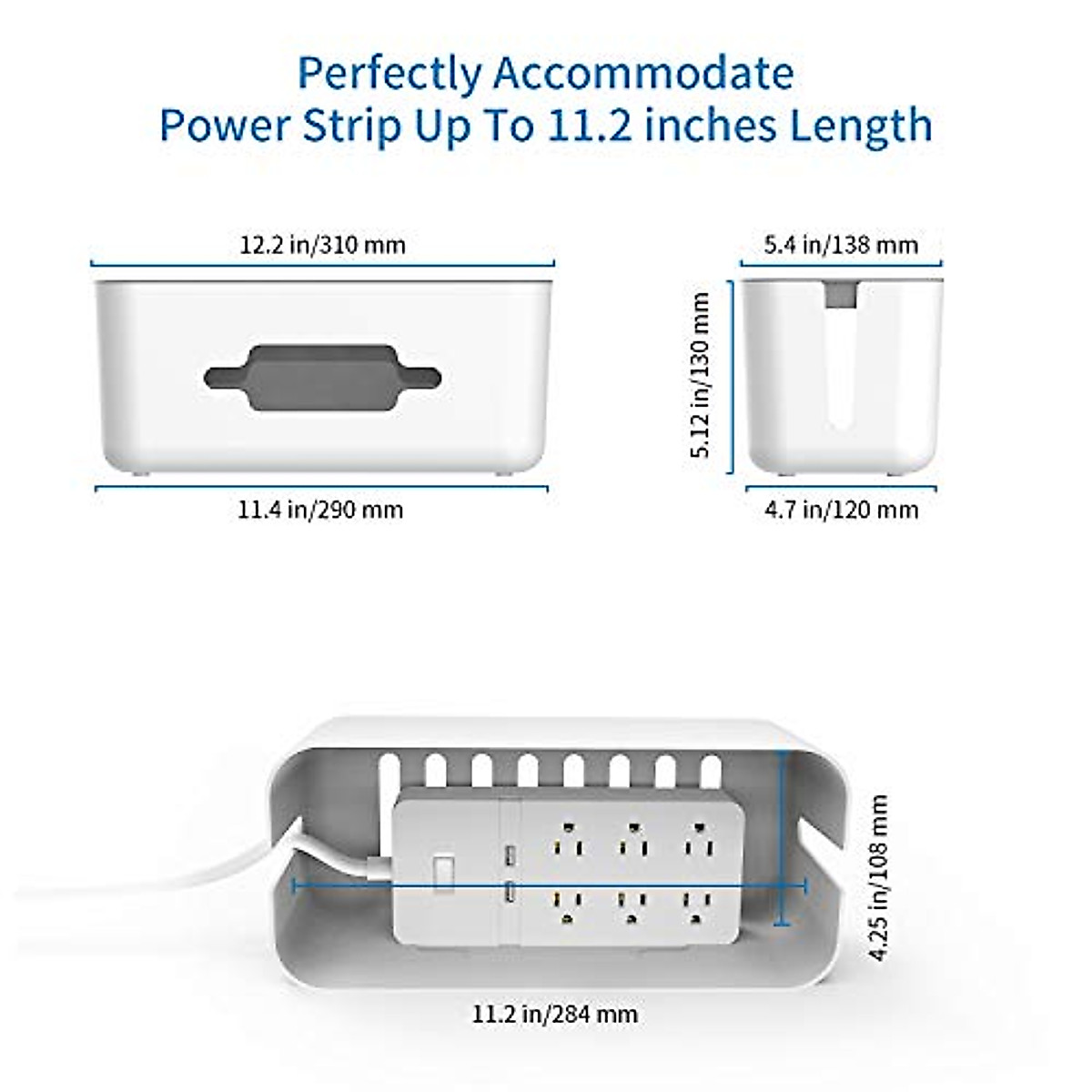 Surge Protector Power Strip with Cable Management Box, 6 Outlets and 2 USB Ports with Switch Control, Flat Plug, 5ft Heavy-Duty Extension Cord, Cord Organizer Box for Home and Office - White