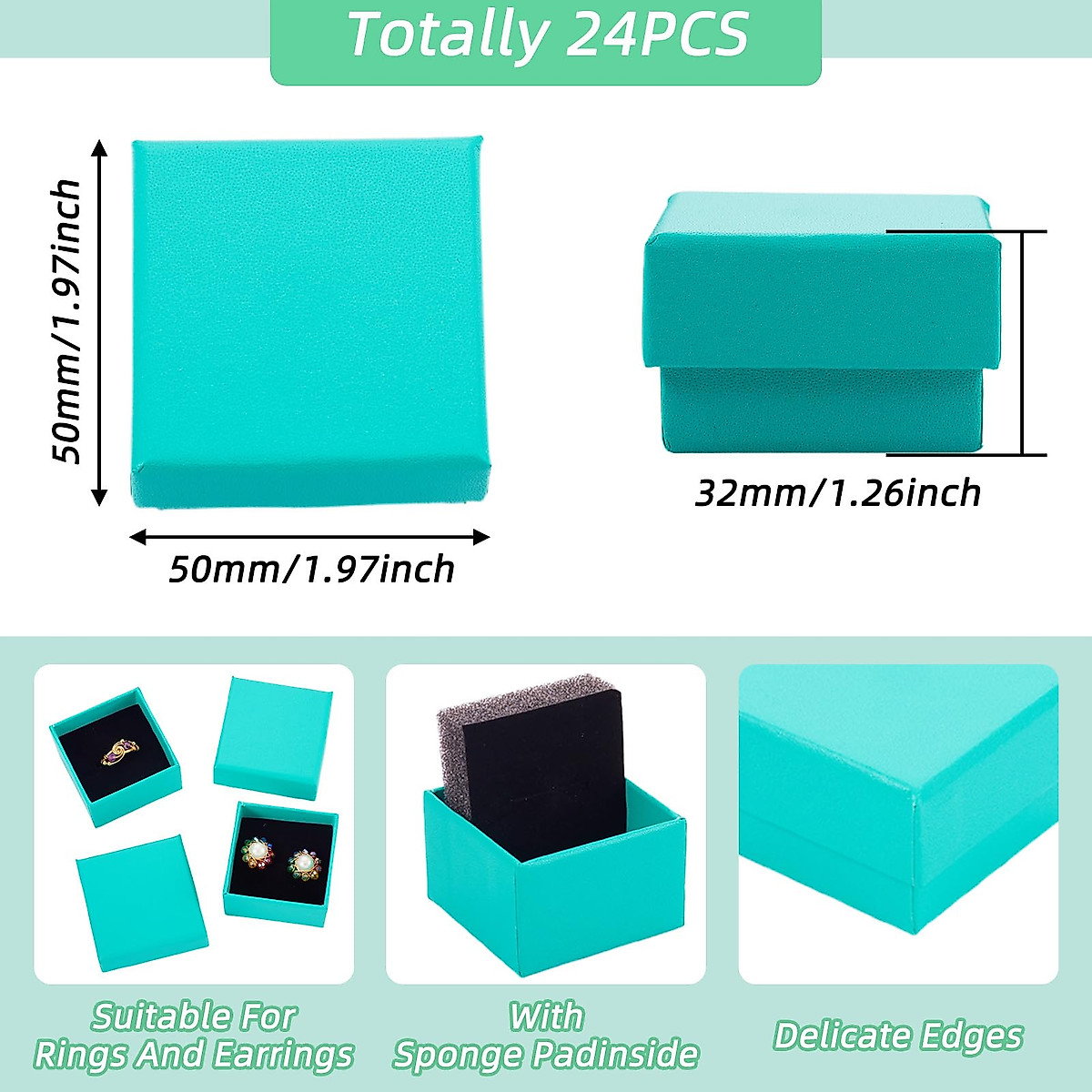 Craftdady 24pcs Jewelry Gift Boxes 5x5x3.2cm Medium Turquoise Coated Paper Jewelry Boxes Square for Christmas Valentine's Day Weddings Earrings Necklaces Bracelets