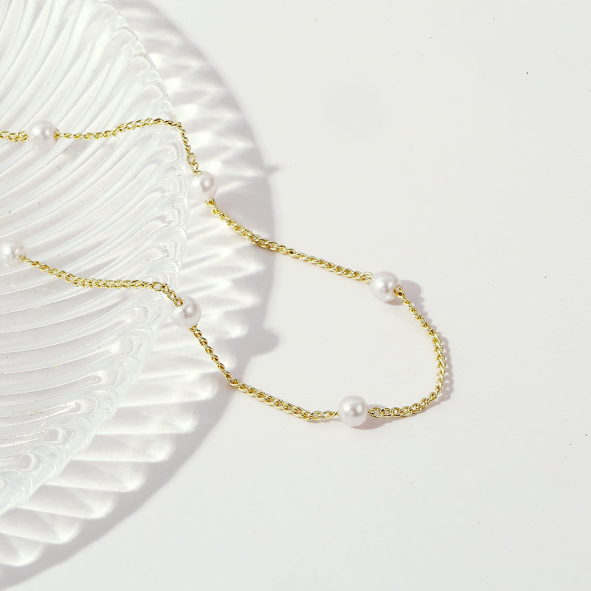 Tasiso 14K Gold Plated Handmade Pearl Anklet Dainty Minimalist Pearl Chain Ankle Bracelets Waterproof Boho Summer Jewelry 8.3"