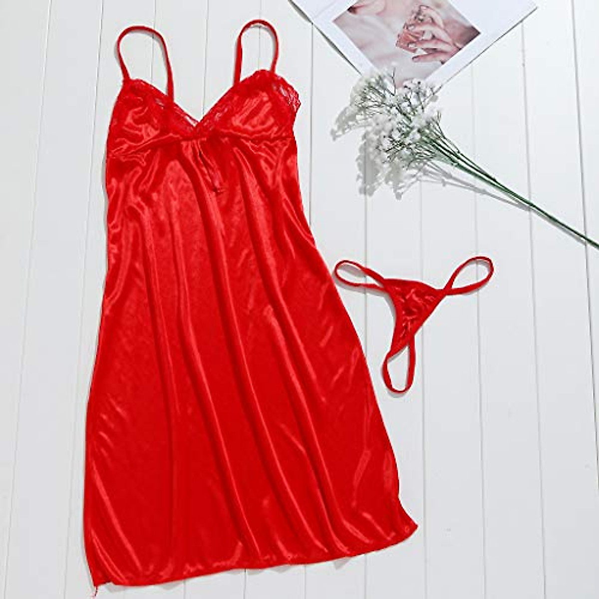 Atezch_ Womens Cami Nightdress + Panty Set, Babydoll Sleepwear Underwear Sexy Babydoll Lace Sleep Dress (Red, One Size)