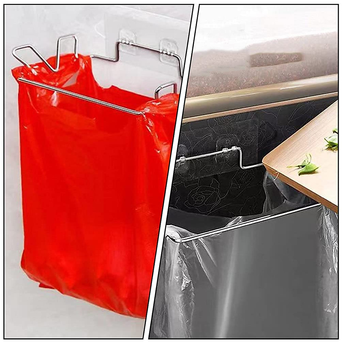 Cabilock 2 Sets Stainless Steel Trash Bag Holder Steel Over The Cabinet Rack Under Sink Garbage Bag Hook for Kitchen Pantry Bathroom Dorm Room Office
