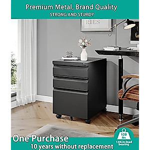 SISESOL 3 Drawer Mobile File Cabinet with Lock,Black Under Desk File Cabinets with Wheels,Rolling Metal Filing Cabinet for Home Office,Fit Legal/Letter/a4 File,Fully Assembled Except Casters