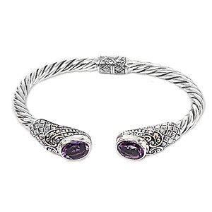 NOVICA Artisan Handmade Amethyst Cuff Bracelet Crafted from Indonesia Sterling Silver Gold Accent Purple Birthstone [6.25 in L (end to End) x 0.3 in W] ' Sterling Rope'