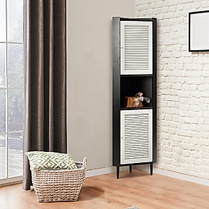 HollyHOME 68.5" Tall Corner Metal Storage Cabinet, Narrow Linen Tower Cabinet with Shelf and Shutter Door, Freestanding Floor Slim Organizer Cupboard for Living Room, Kitchen Pantry, Black&White