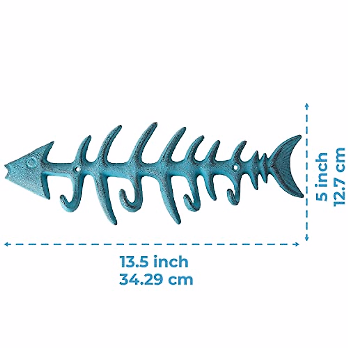 Comfify Decorative Fish Bones Wall Mounted Towel Rack Stylish Cast Iron Hanger w/ 4 “Fish” Hooks | Includes Screws and Anchors - Fish Bones Towel Hanger - Teal Blue
