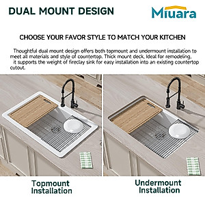 Miuara White Workstation Kitchen Sink 33 Inch - Large Undermount Kitchen Sink 33"x22", 9" Deep White Kitchen Sink Drop In, Single Bowl Topmount Fireclay Sink for Kitchen, with 4 Custom Accessories