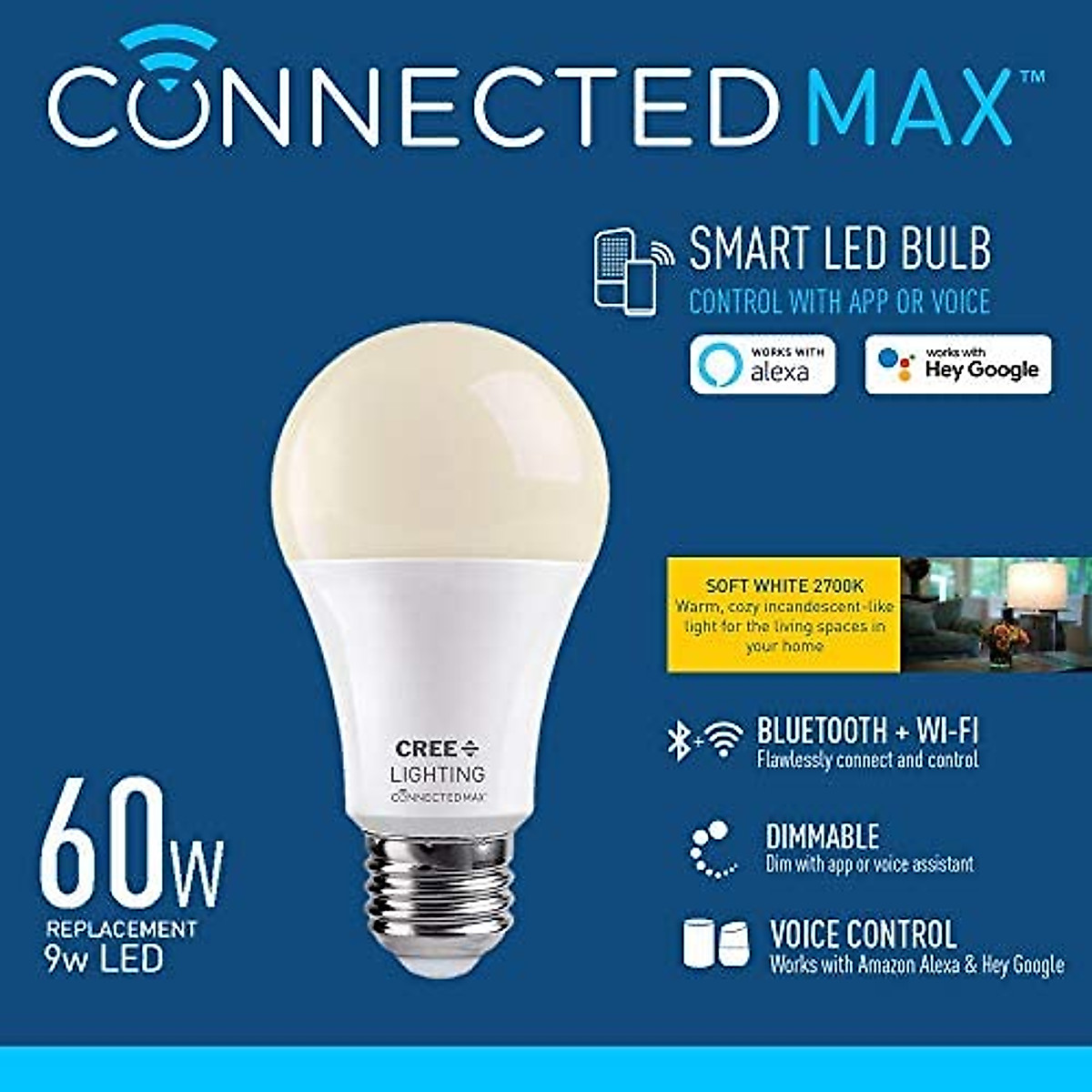 Cree Lighting Connected Max Smart Led Bulb A19 60W Tunable White + Color Changing, 2.4 Ghz, Compatible with Alexa and Google Home, No Hub Required, Bluetooth + WiFi, 3Pk (CMA19-60W-AL-9ACK-B3)