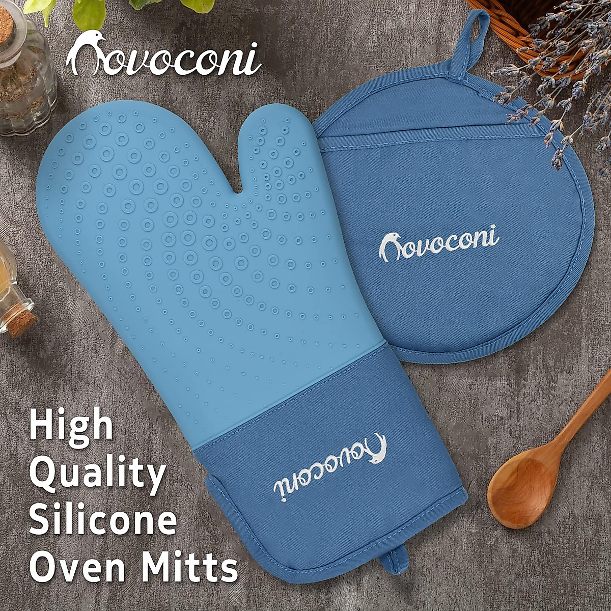 Extra Long Silicone Oven Mitts and Pot Holders Sets of 4, Novoconi Oven Mitts Heat Resistant 446F with Quilted Cotton Liner, Non-Slip & Waterproof Silicone Oven Mitts for Kitchen Cooking and Baking
