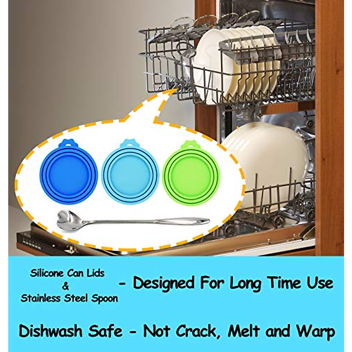 Comtim Pet Food Can Lids, Silicone Can Lids Covers for Dog and Cat Food, Universal Size Fits All Standard Size Dog and Cat Can Tops (3 Pack & Spoon, Multi-Colored)