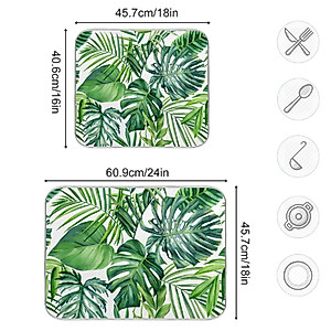 Tropical Palm Leaves Dish Drying Mat for Kitchen Counter Green Monstera Leaf Absorbent Microfiber Drying Pad, Medium 16x18 in, Reversible Drainer Mats