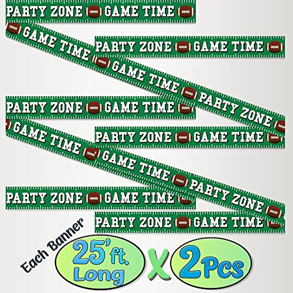 Football Party Banner | (2 Pcs) 8” Inch Tall X 25’ Feet Long | Football Banner Tape Decoration | Football Game Time, Party Zone Plastic Banner Tape | Football Party Tailgate Decorations | By Anapoliz
