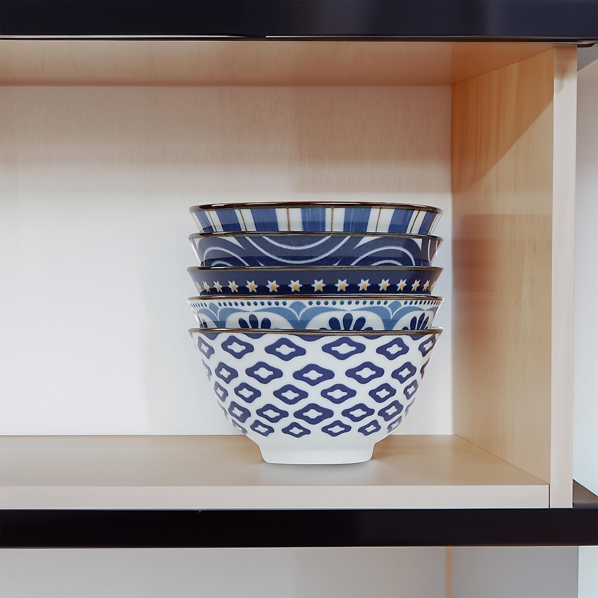 Creekview Home Emporium Ceramic Bowl Set - 5pc Blue and White 10oz Glass Small Serving Bowls for Eating or Decoration