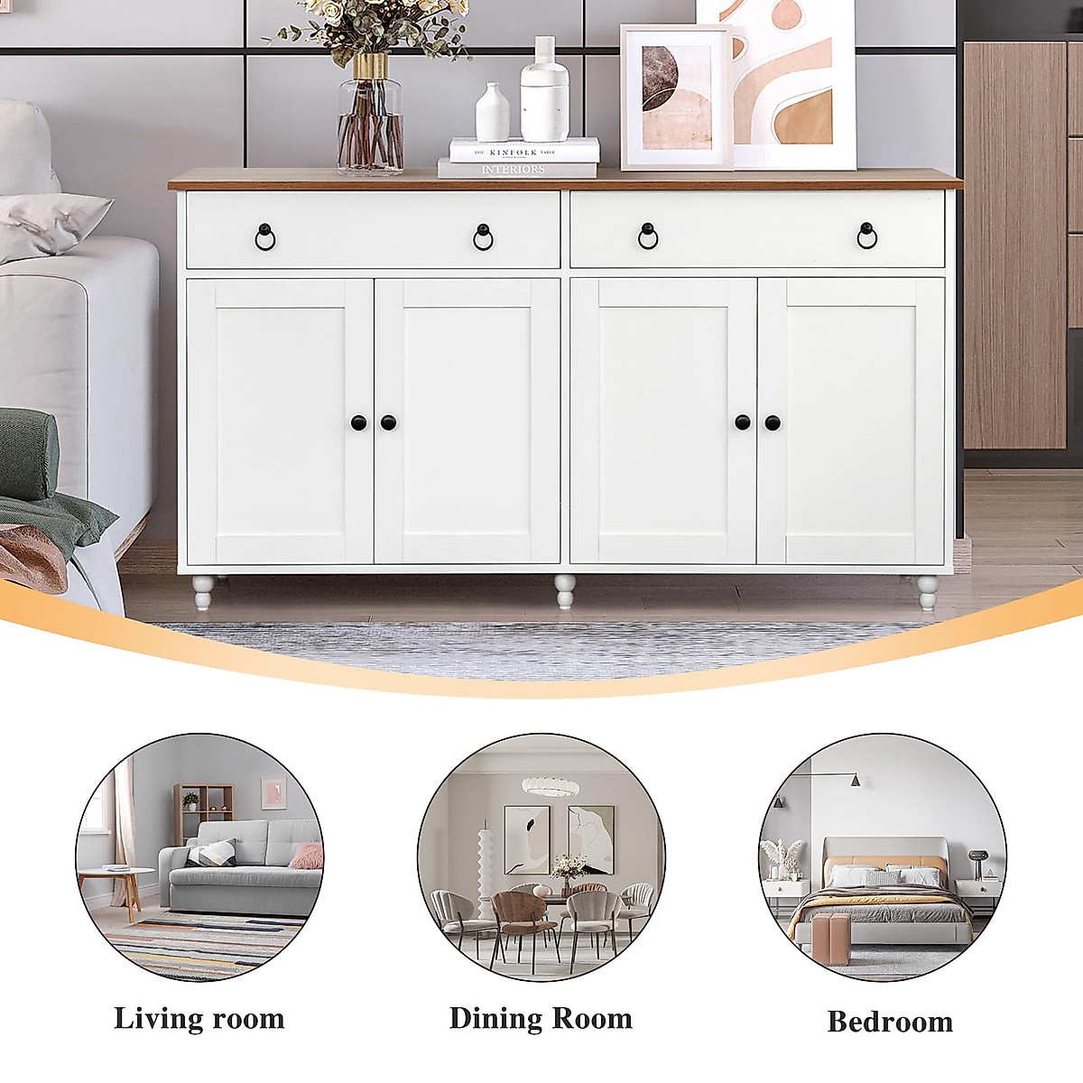 4 EVER WINNER Sideboard Buffet Cabinet, 55” White Coffee Bar Buffet Cabinet with Storage 4 Doors& 2 Drawers, Kitchen Buffet Storage Sideboards Cabinets Table Credenza Cupboard for Living Dining Room