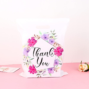 POPGIFTU Floral Thank You Plastic Bags 50 Pack 12" x 15" Thank You Bags for Small Business, Thank You Shopping Bags with Handles, for Boutique, Retail, Gift Bags, Clothes, Party Favors