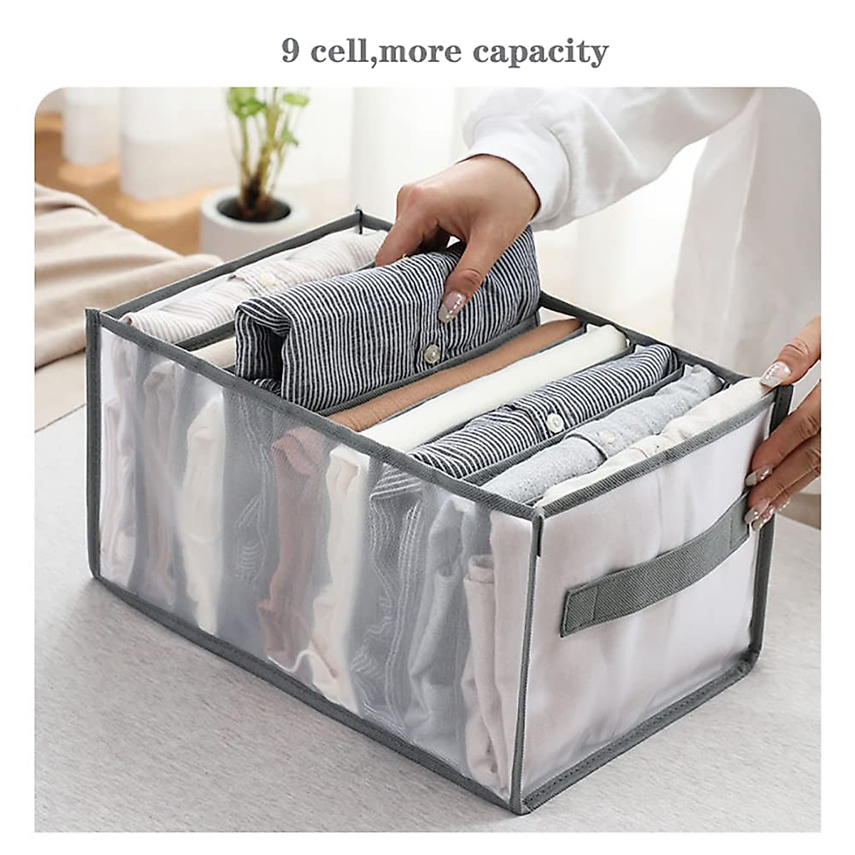 2 Pack Wardrobe Clothes Organizer, 9 Compartment Large Clothes Drawer Organizer Closet Divider with Handle, Widen Thicken Washable Foldable Clothes Storage Box for Jeans Pants Leggings Folded Clothes