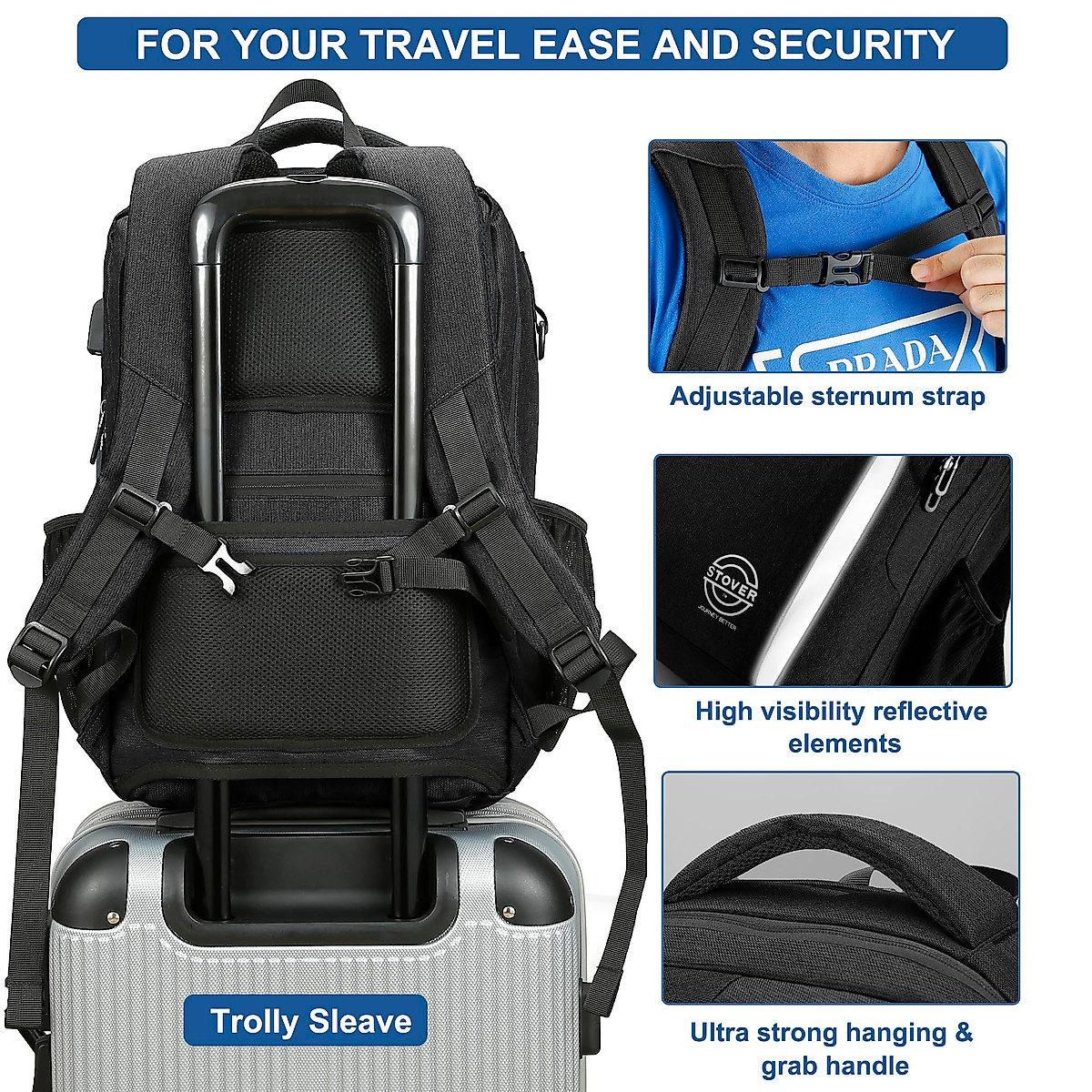 STOVER Laptop Travel Backpack Carry On, Fits 15.6 Inch Notebook with Luggage Compartment, Reflector for Safe, Backpack for Casual Use, Business Women and Men (Black)