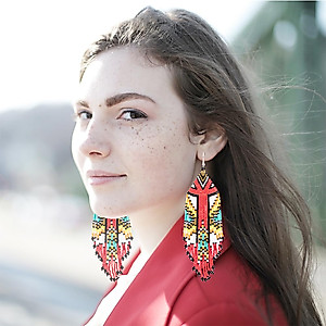 Long Beaded Tassel Earrings – Large Native Bohemian Statement Beaded Fringe Drop Earrings, Big Tribal Boho Seed Bead Chandelier Dangle Earrings for Women Girls (Red Beaded Earrings M)