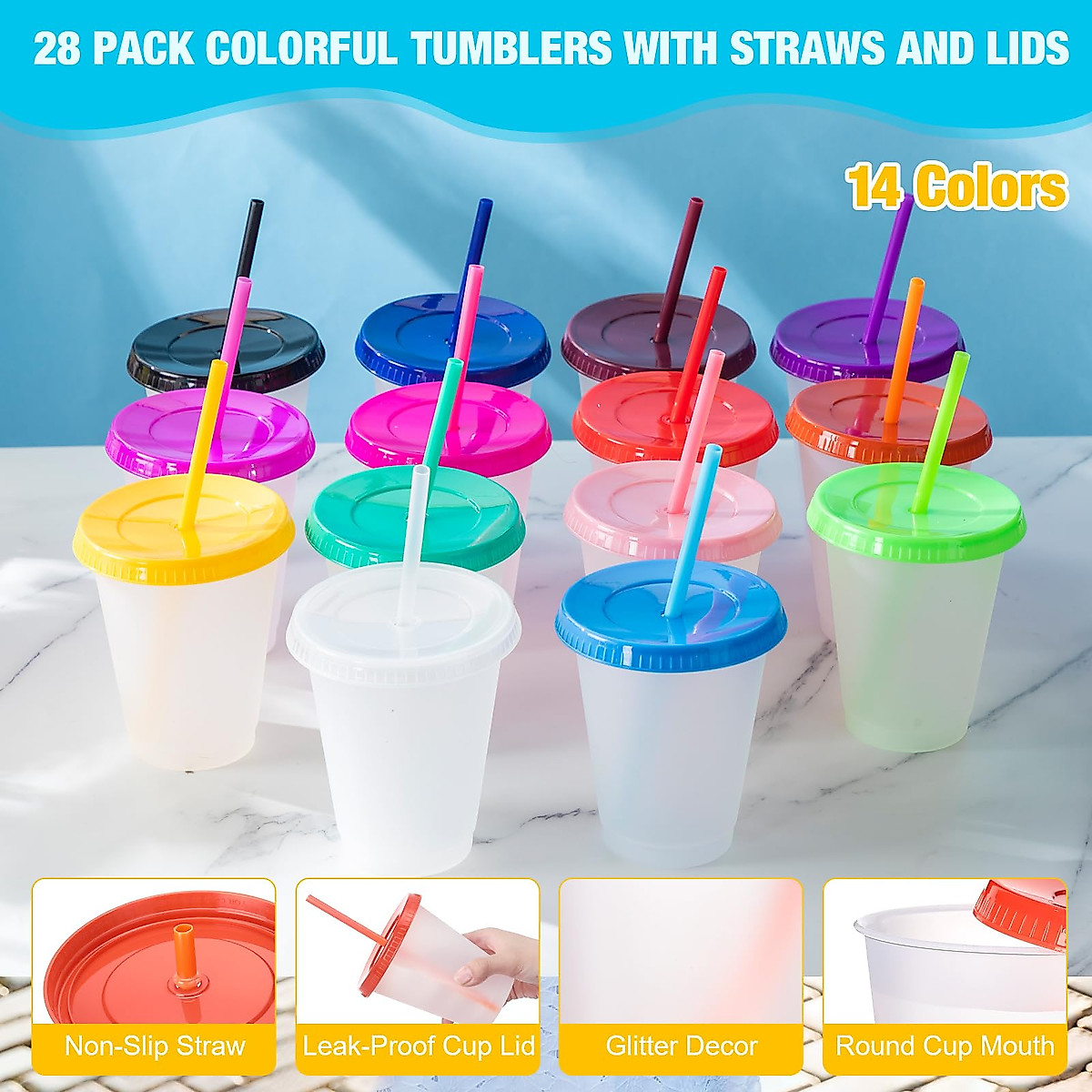 Hsei Clear Plastic Tumbler with Straw and Lid Bulk Water Bottle Iced Coffee Travel Mug Cup with Lid and Straw Reusable Plastic Cups for Kids Christmas Water Smoothie Party Birthday (28 Pack,16 oz)