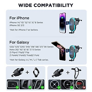 Wireless Car Charger Mount, 15W Dual Coil Car Phone Holder Mount Wireless Charging for iPhone 14/13/12/11/X/8 Series, Auto Clamping Wireless Charging Car Mount for Galaxy Z Flip 4/3 S22/S21 Note 20/10