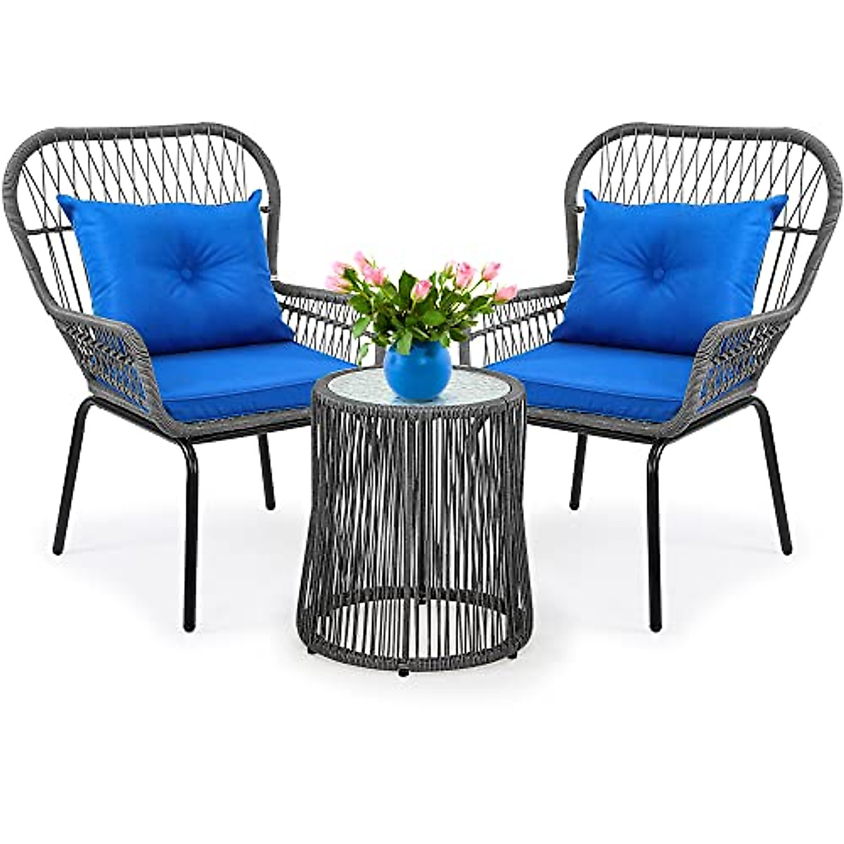 YITAHOME 3-Piece Outdoor Patio Furniture Wicker Bistro Set, All-Weather Rattan Conversation Chairs for Backyard, Balcony and Deck with Soft Cushions, Glass Side Table (Gray+Navy Blue)