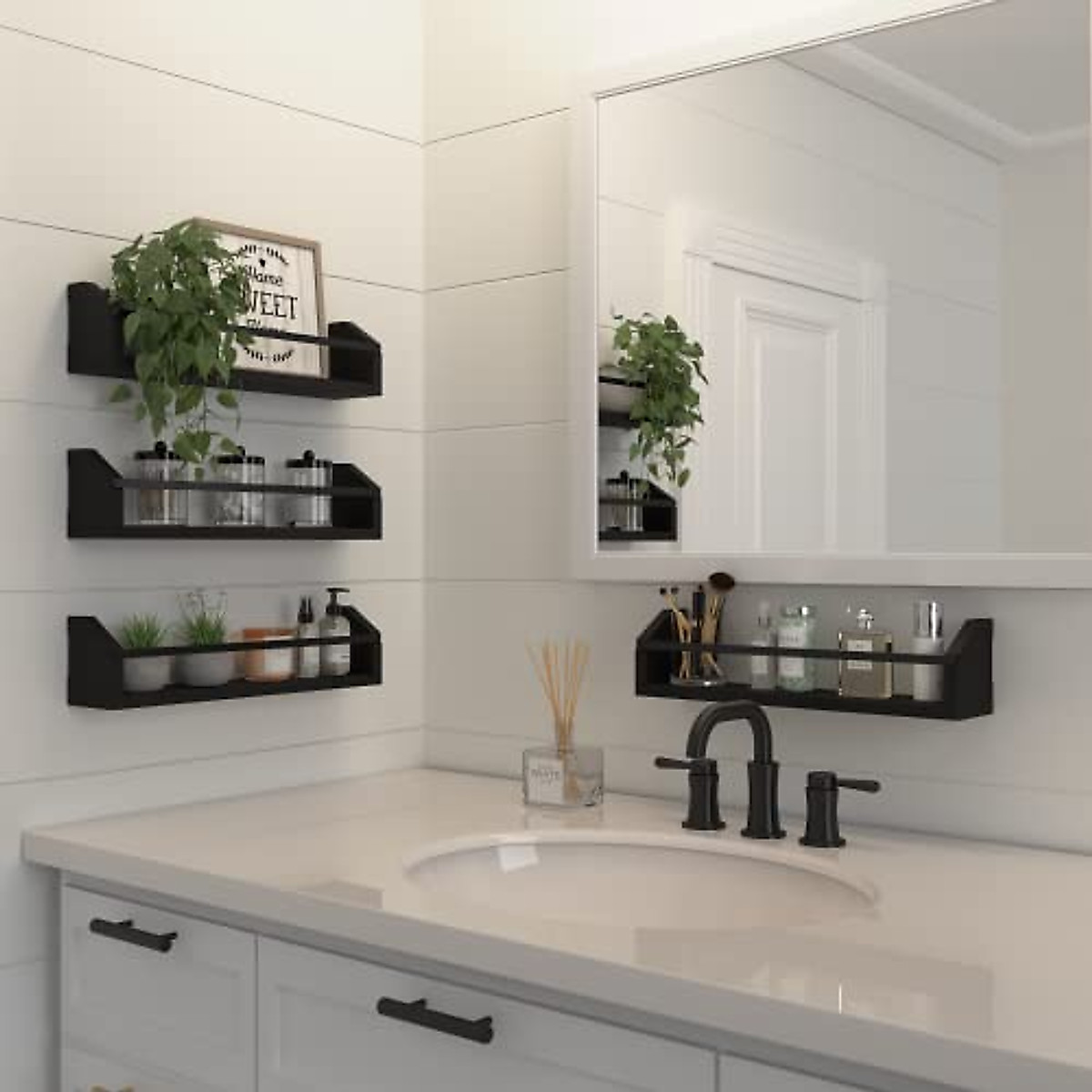 WOPITUES Floating Shelves with Protective Metal Rail, Small Bathroom Shelves Set of 4, Spice Rack Wall Mount, Wood Shelves for Kitchen, Living Room, Bedroom, Nursery Book- Modern Black