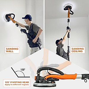 MAXXT Drywall Sander Electric Foldable Wall Sander REAL self-priming system LED light telescopic handle variable speed 6.5A motor six 9-inch sanding discs dust bag