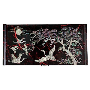 Mother of Pearl Crane and Pine Tree in Red Mulberry Paper Design Wooden Jewelry Mirror Trinket Keepsake Treasure Drawer Lacquer Box Case Chest Organizer