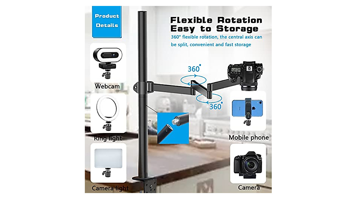 Heavy Desktop Overhead Camera Mount with Adjustable Flex Arm and 360 ...