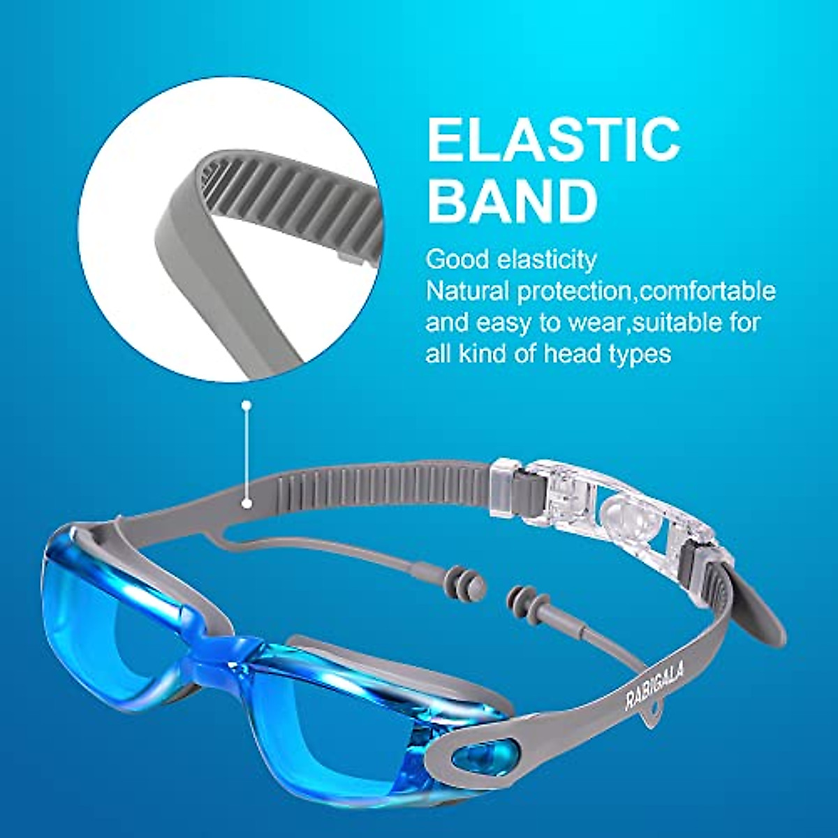 RABIGALA Swimming Goggles Adult, Swim Goggles Anti-Fog Waterproof Anti-UV Clear Vision Swim Goggles with Earplugs & 3 Nose Pieces suitable for Women Men(Gray-Blue)