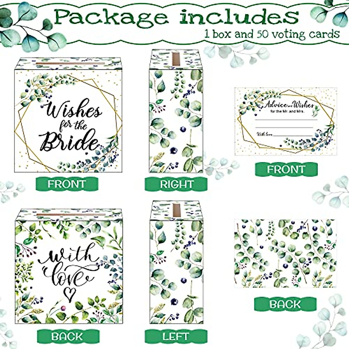 Outus 51 Pieces Wedding Advice Cards and Box Set, Greenery Advice Card Holder Box, 50 Pieces Double Sided Advice and Wishes Cards for Wedding Decorations Bridal Shower Activity Baby Shower Party