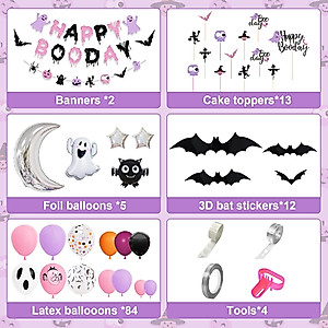 Amandir 120Pcs Pink Purple Halloween Birthday Party Decorations, Happy Boo Day Glitter Banner Ghost Bat Foil Balloons Garland Arch kit Cake Topper for Girl Kids Halloween Baby Shower Supplies