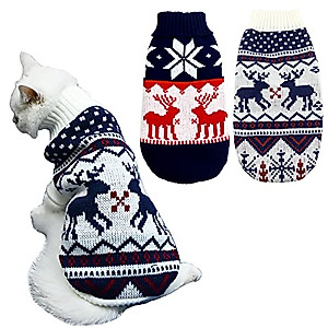 Vehomy 2Pcs Pet Puppy Christmas Sweaters Cat Sweater Kitten Knitwear Dog Xmas Clothes Navy Blue and Christmas White Sweaters with Reindeers Snowflakes Pattern for Kitten Cat Puppy Dog S