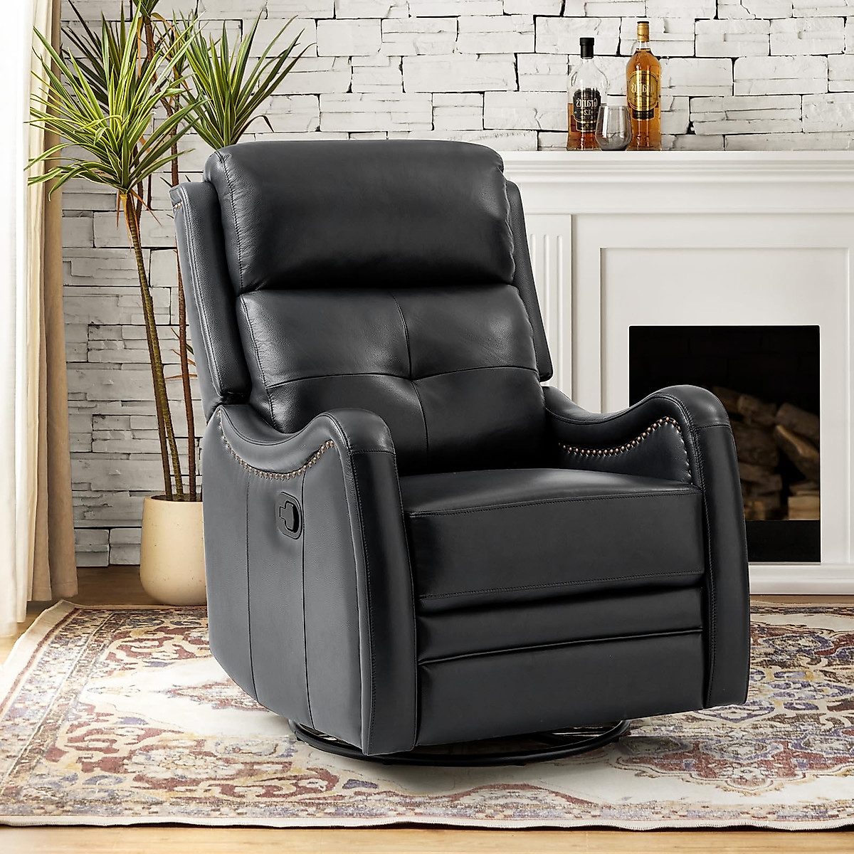 HULALA HOME Genuine Leather Swivel Rocker Recliner with Adjustable Backrest & Footrest, Manual Glider Reclining Chair for Living Room Bedroom, Home Theater Sofa Chair with 360° Swivel Base (Black)