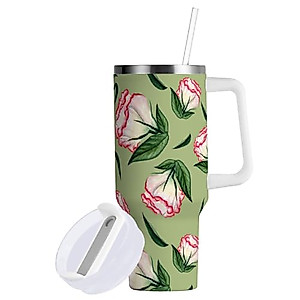 Adornlife Flower Rose Green 30 oz Tumbler with Handle and Straw Lid, 100% Leak-proof Travel Coffee Mug, Stainless Steel Insulated Cup For Beverages, Cupholder Friendly