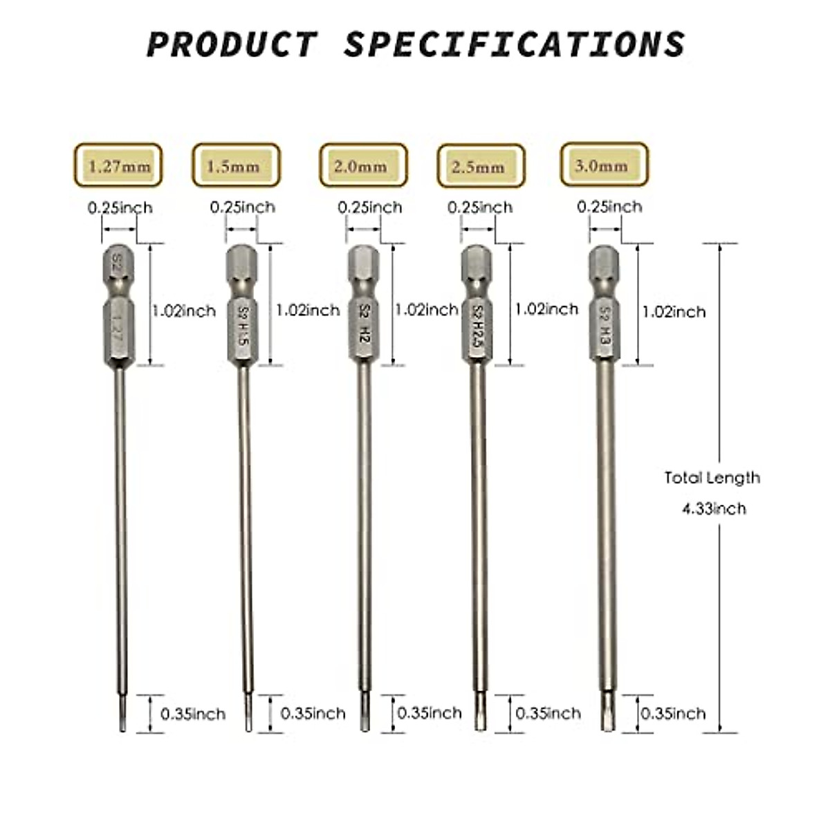 VICRAZEE 1.27 1.5 2.0 2.5 3.0mm Hex Head Allen Wrench Drill Bit Set S2 Steel 1/4" Hex Shank 4.3" Long for Electric Screwgun/Power Drill RC Hobby Tools Kit (5-Pack)