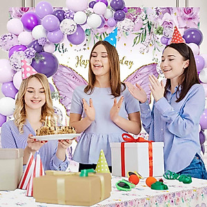 Purple Happy Birthday Party Decorations Butterfly Set for Women Girls Men Boys, Backdrop, Banner, Purple Balloon, Tablecloth for 2th 8th 13th 16th 18th 21th 25th 30th 40th 50th 60th 70t Party Supplies